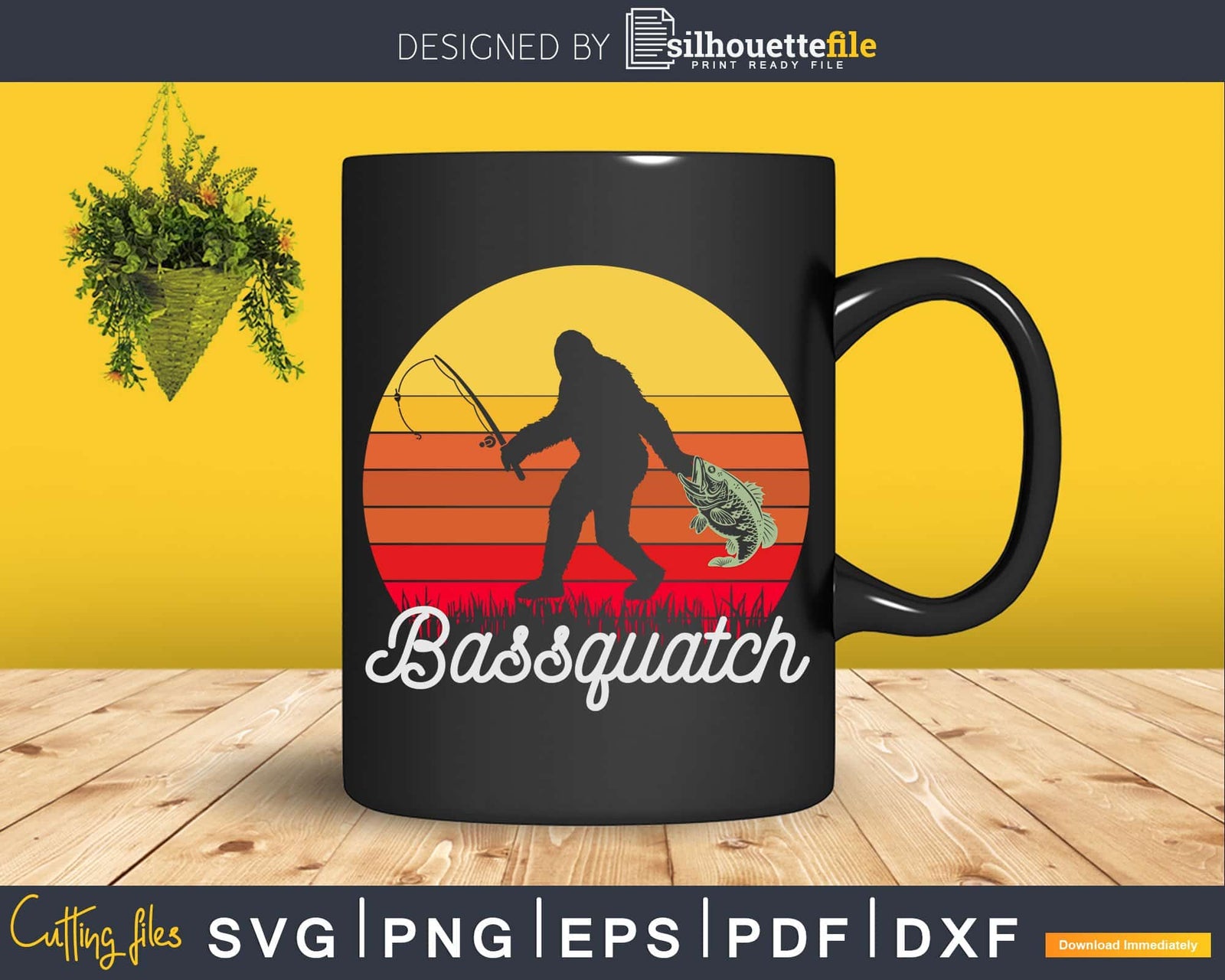 Bassquatch Funny Bigfoot Fishing Outdoor Retro SVG PNG dxf | Silhouettefile
