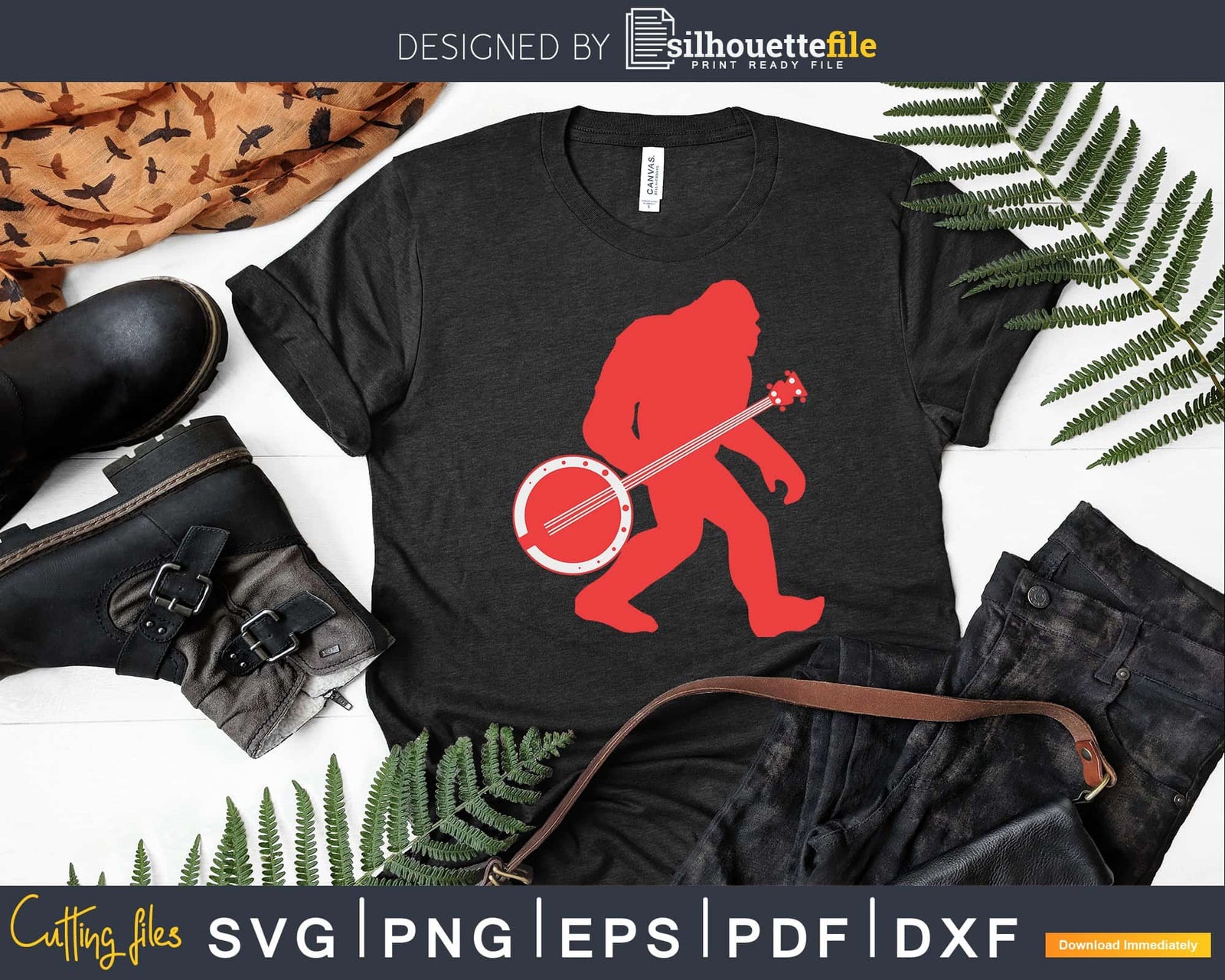 Bigfoot & Banjo Sasquatch Silhouette Retro Bluegrass Svg | Silhouettefile