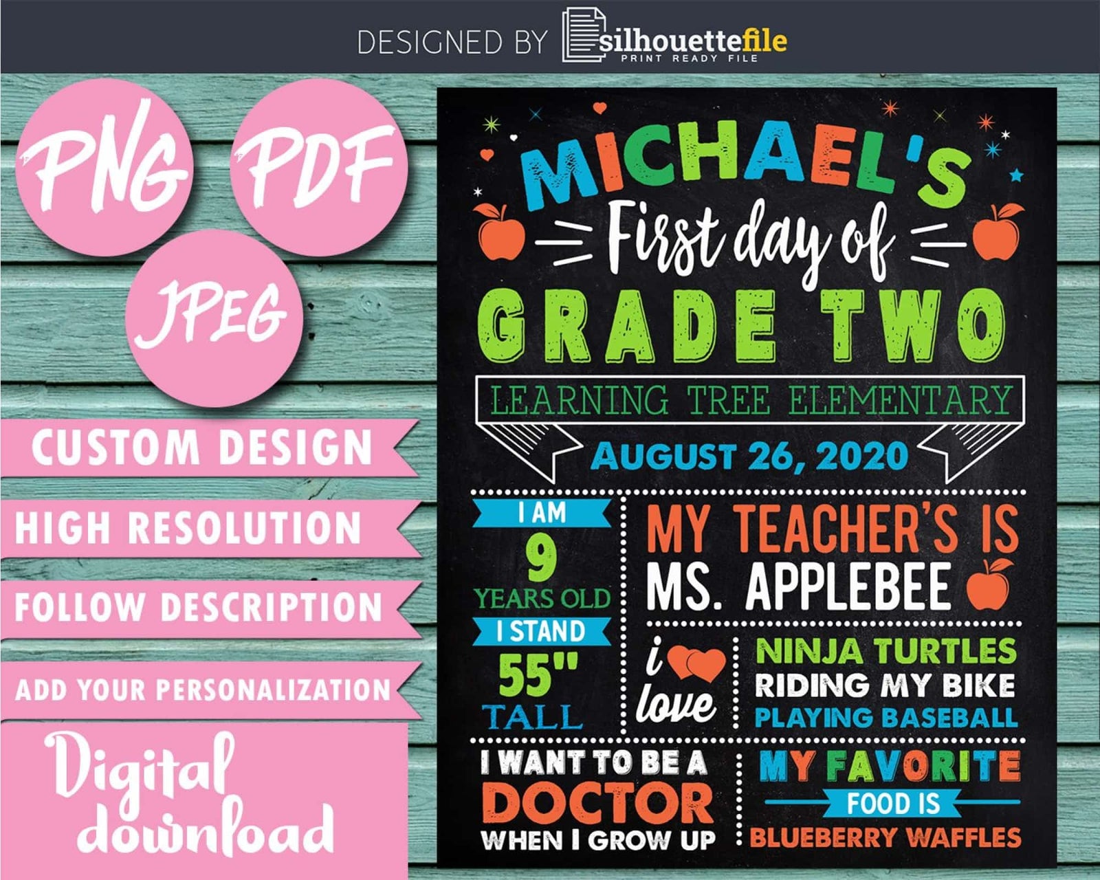 First Day of School Chalkboard Sign Grade Two Printable | SilhouetteFile