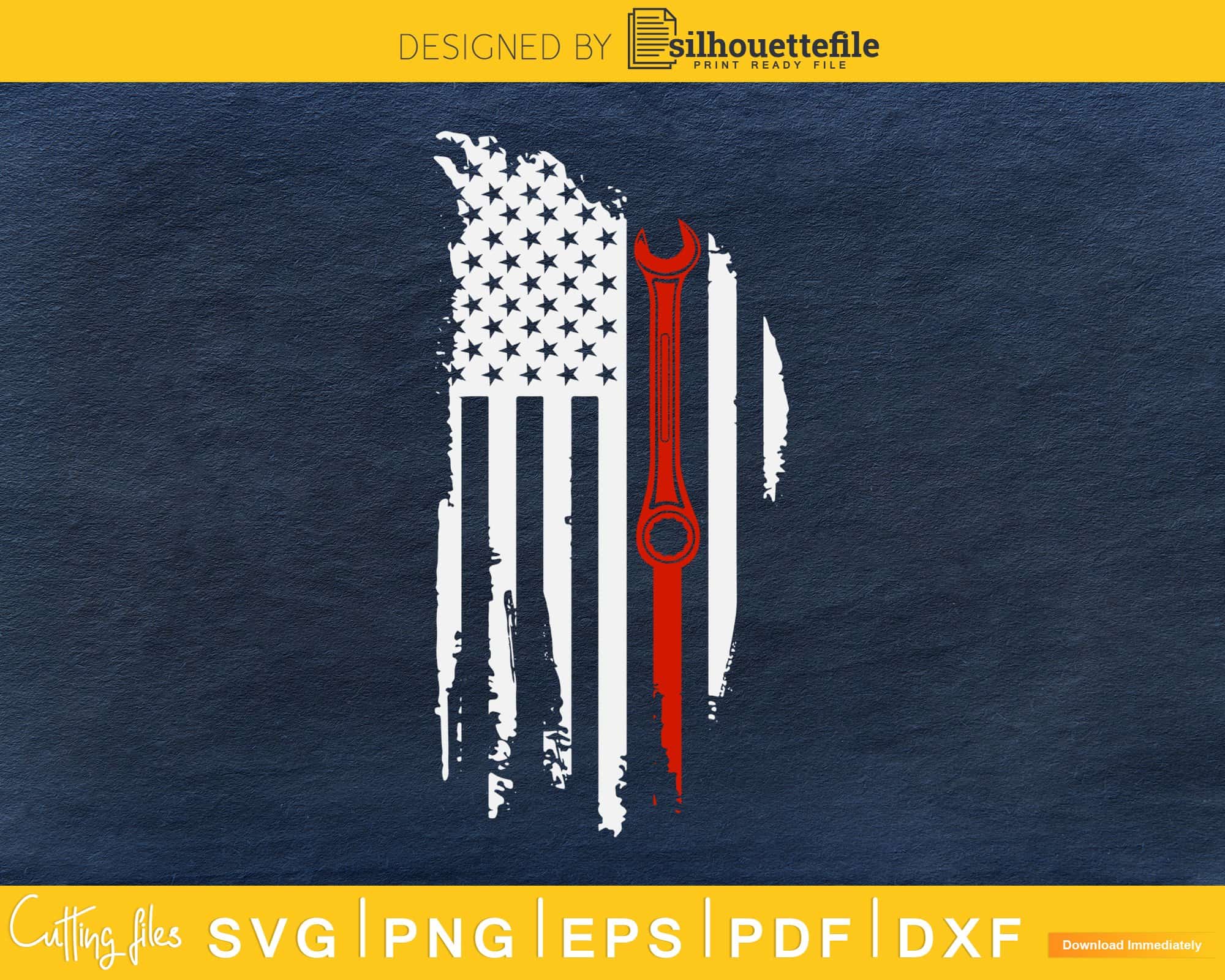 mechanic thin red line USA flag with wrench svg png files | Silhouettefile