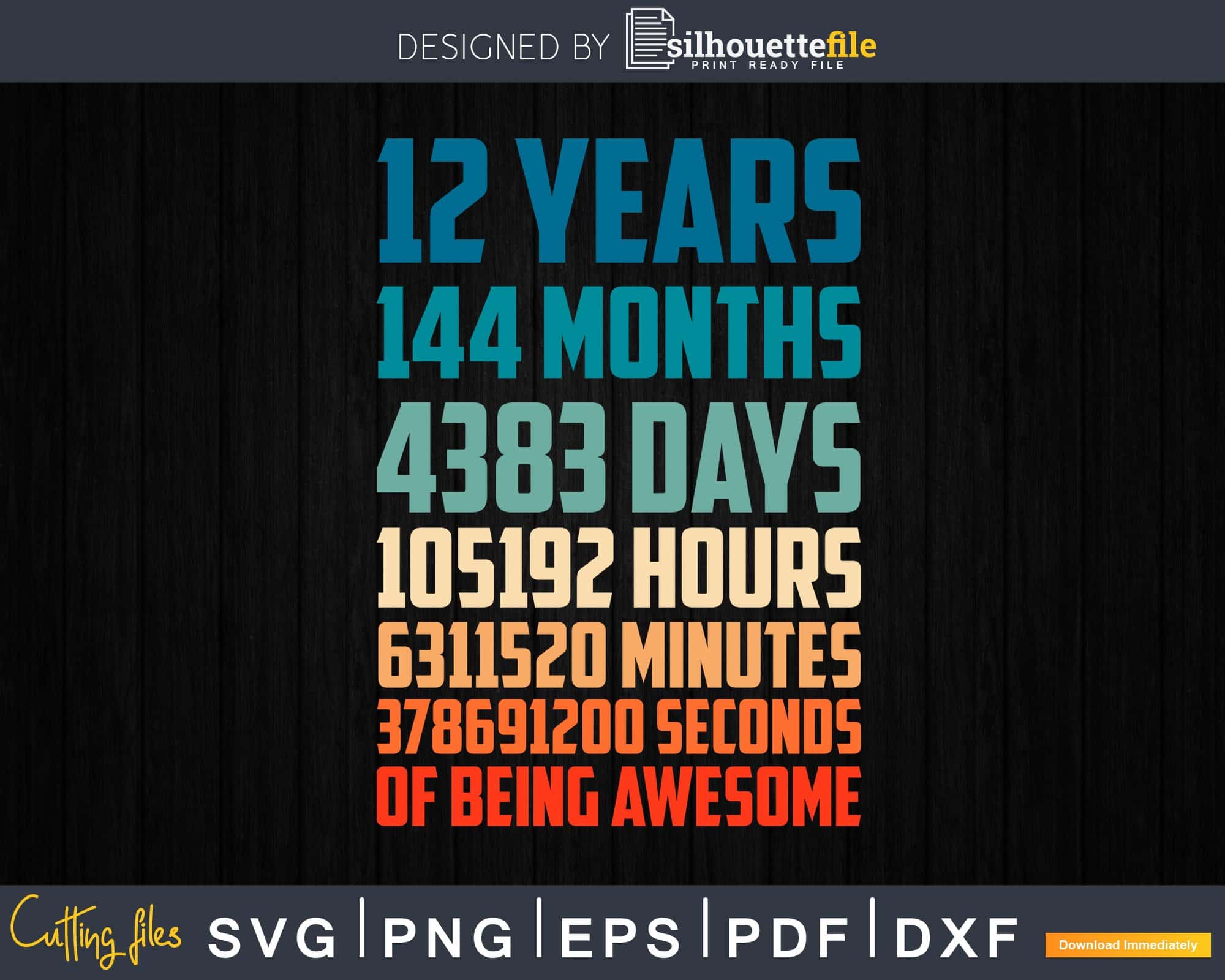 Retro Vintage 12 Years Old Classic 12th Birthday 144 Months ...