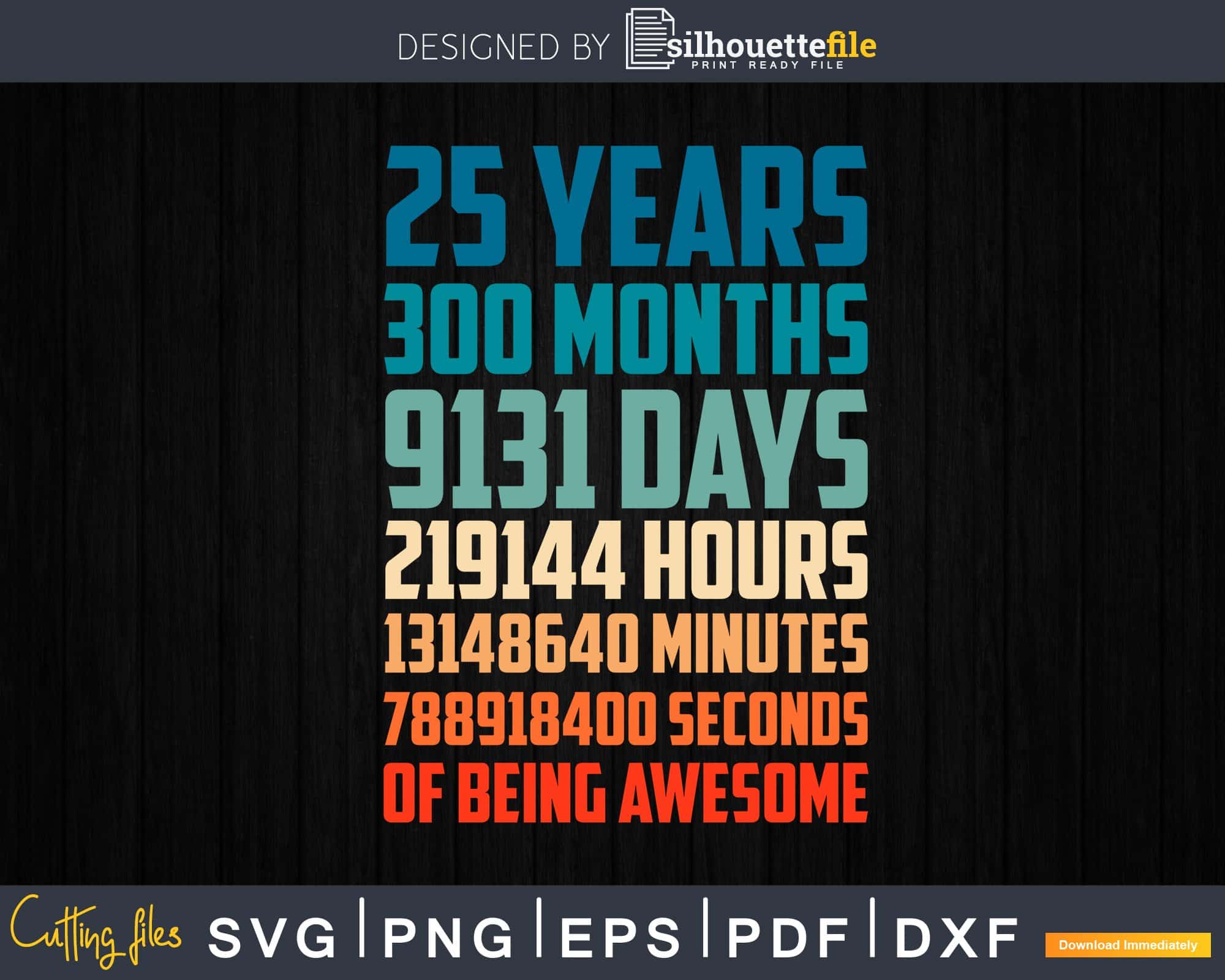 Retro Vintage 25 Years Old Classic 25th Birthday 300 Months Svg Files ...