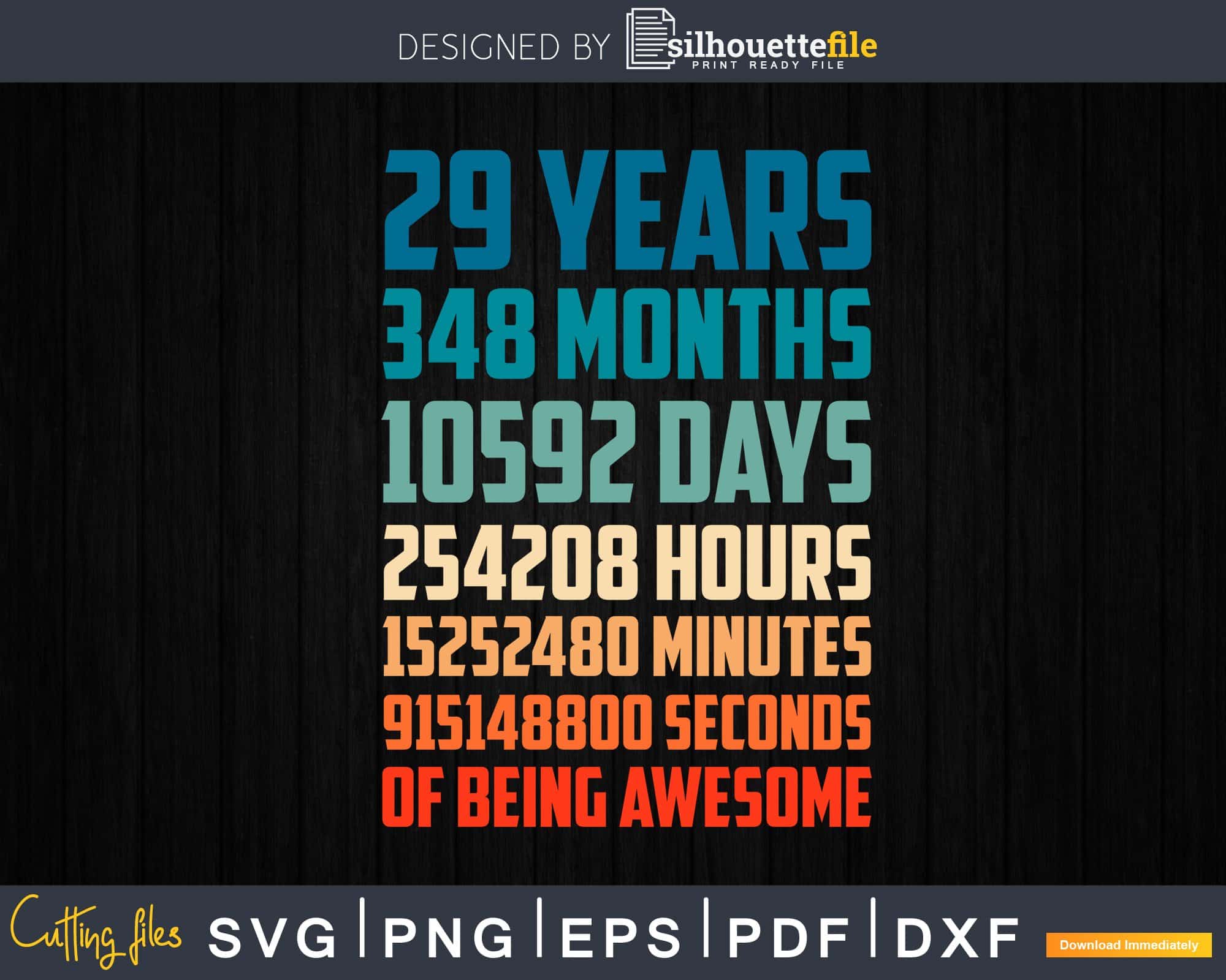Retro Vintage 29 Years Old Classic 29th Birthday 348 Months Svg Png ...