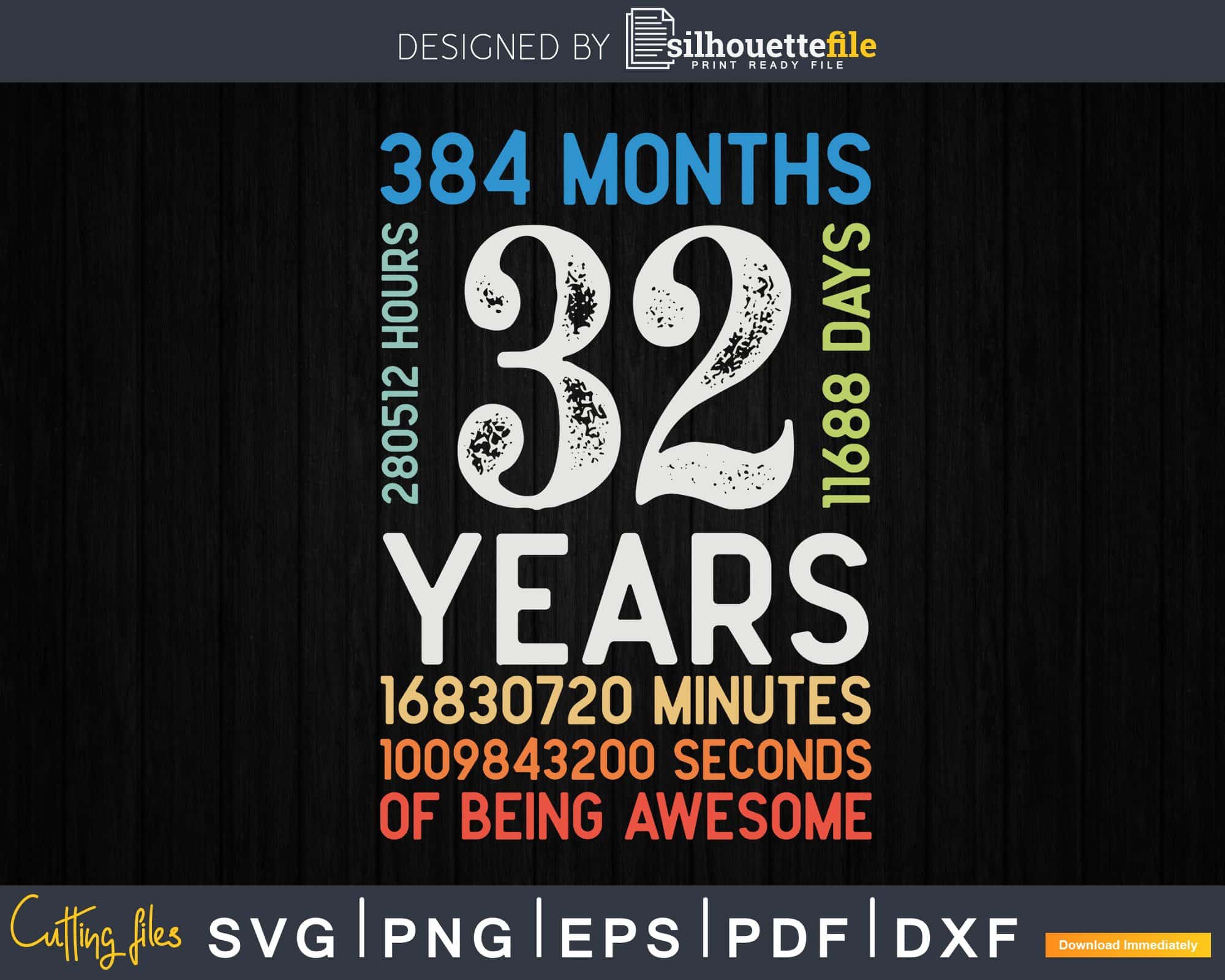 Retro Vintage 32 Years Old Classic 32nd Birthday 384 Months ...