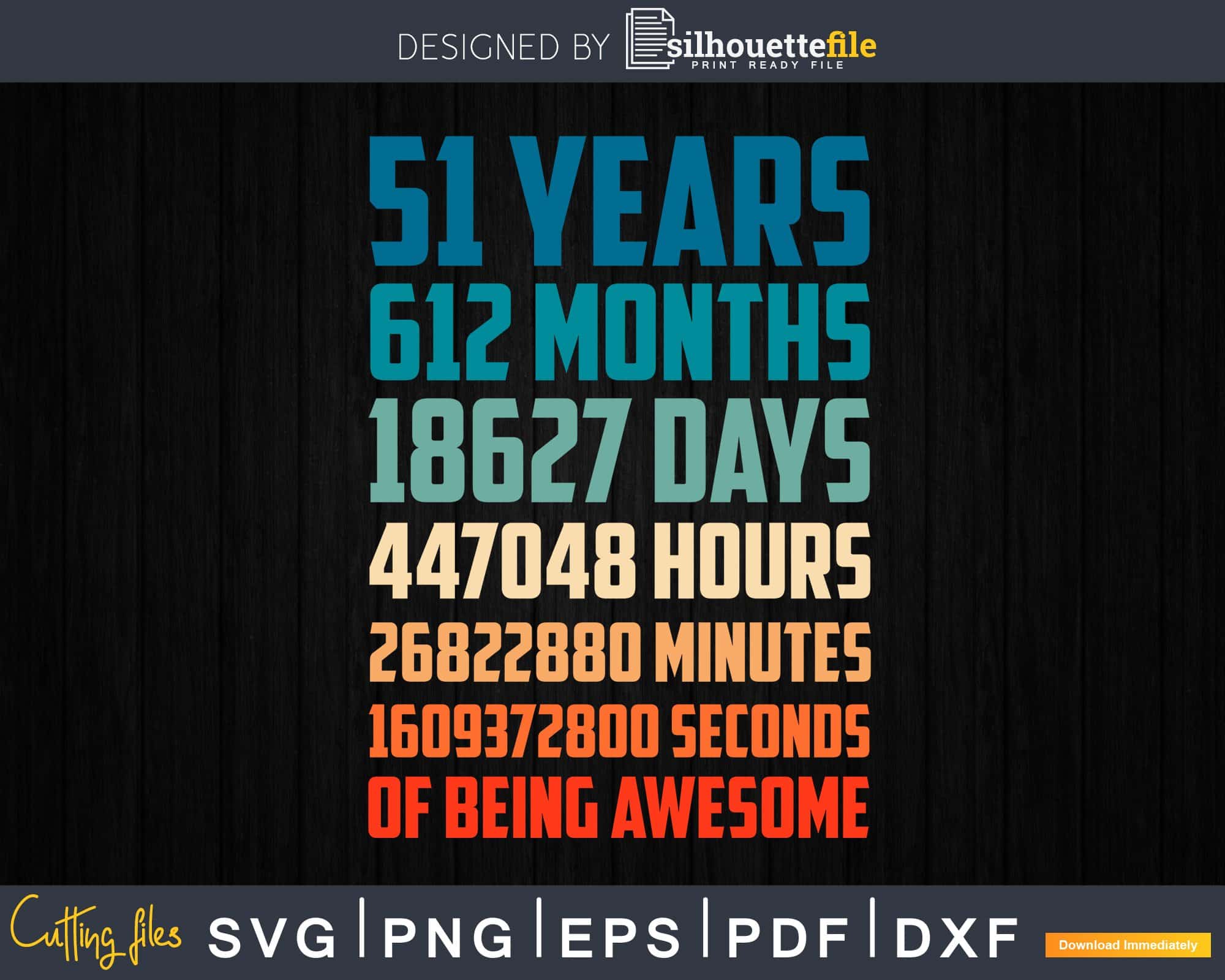 Retro Vintage 51 Years Old Classic 51st Birthday 612 Months Svg Png ...