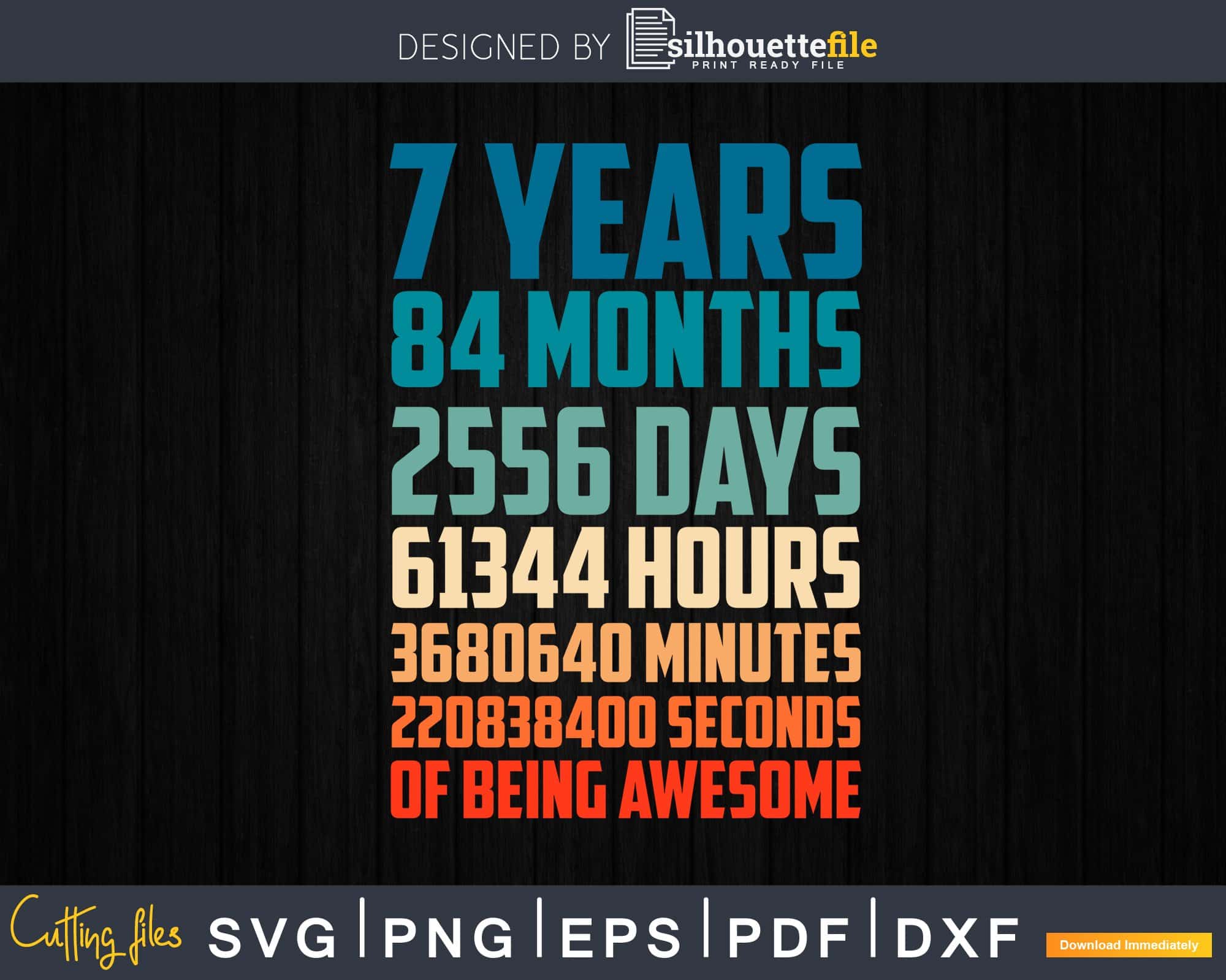 Retro Vintage 7 Years Old Classic 7th Birthday 84 Months Svg ...