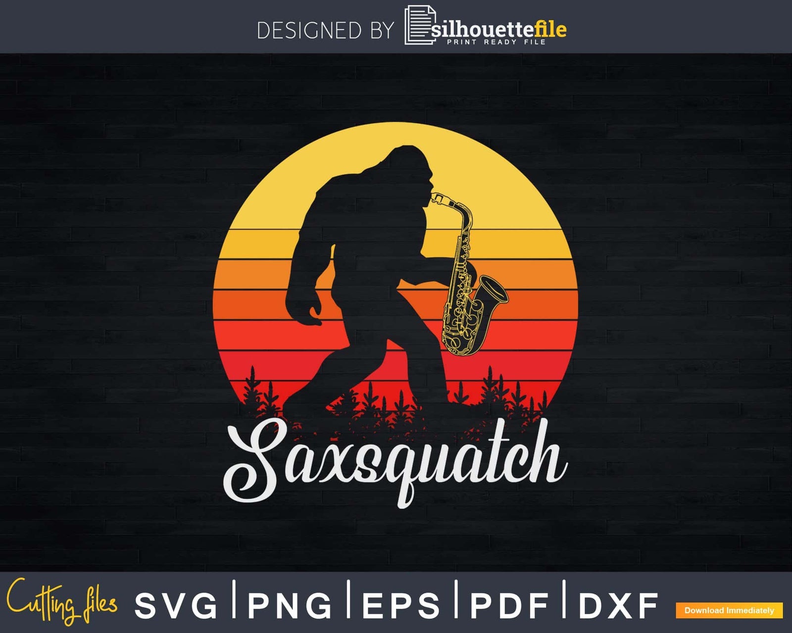 Saxsquatch Funny Bigfoot Saxophone Retro Sun Svg Shirt | Silhouettefile