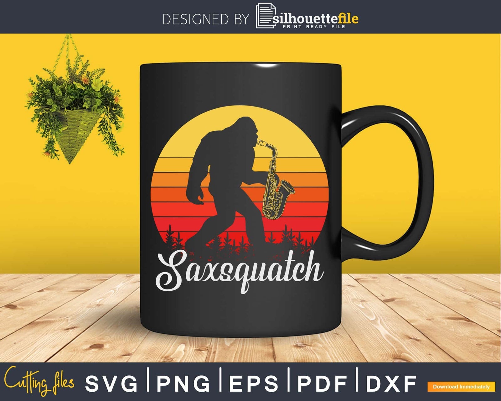Saxsquatch Funny Bigfoot Saxophone Retro Sun Svg Shirt | Silhouettefile